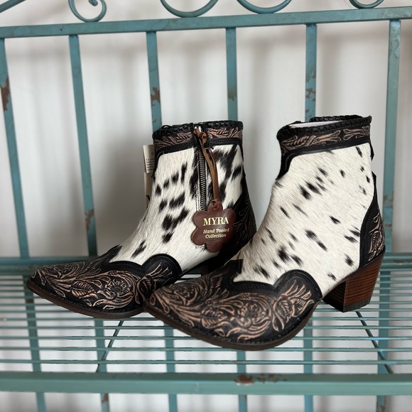 Myra Bag | Shoes | Hand Tooled Leather Cowhide Women Bootie Boot Boho ...